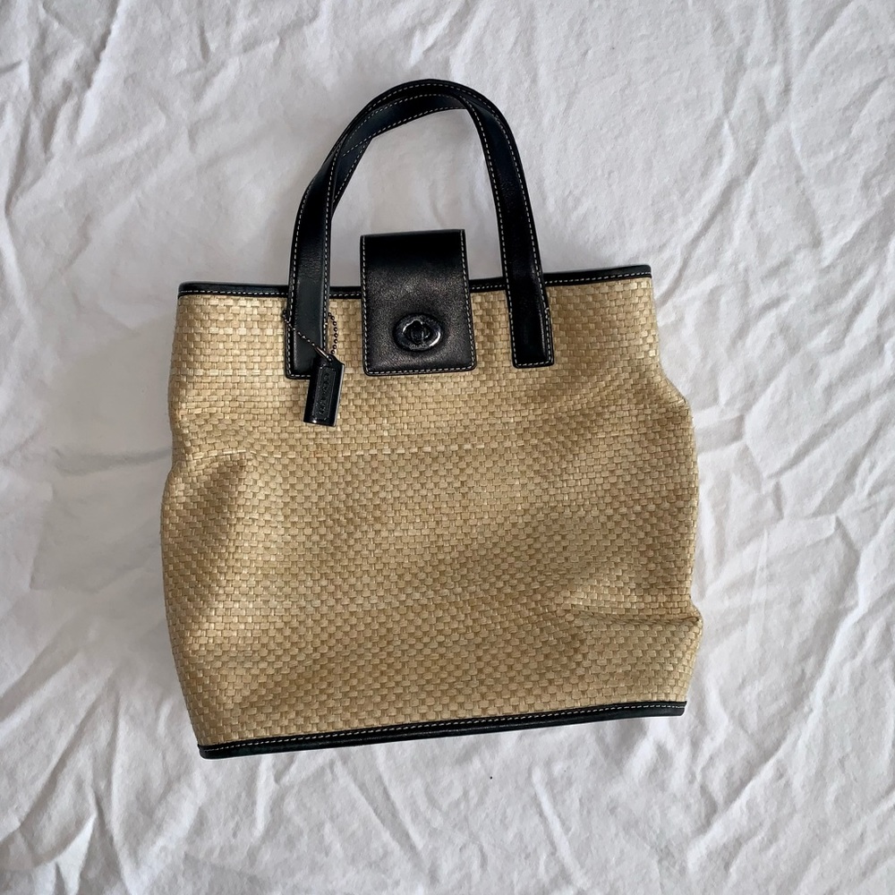 Coach Black Leather And Tan Raffia Straw Bag!!! - Gem